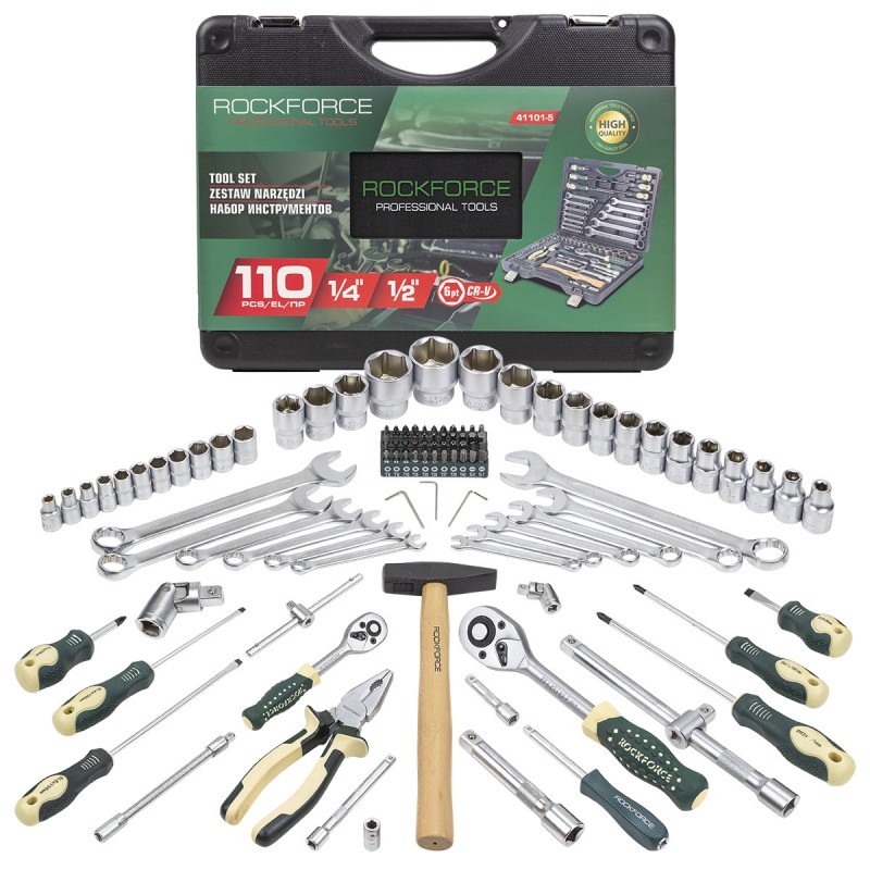 ΣΕΤ ΕΡΓΑΛΕΙΩΝ - ΚΑΣΤΑΝΙΑ 1/2"& 1/4" , 110 ΤΕΜΑΧΙΩΝ - ROCKFORCE - Online Mag