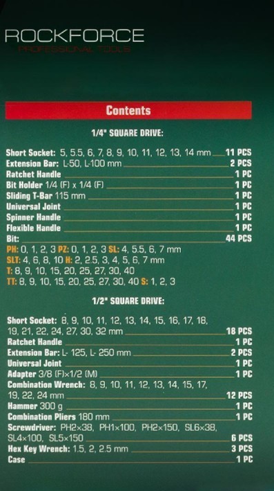 ΣΕΤ ΕΡΓΑΛΕΙΩΝ - ΚΑΣΤΑΝΙΑ 1/2"& 1/4" , 110 ΤΕΜΑΧΙΩΝ - ROCKFORCE - Online Mag